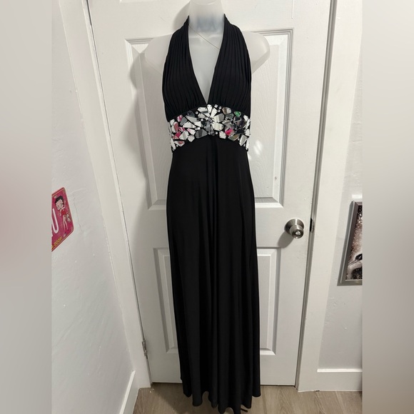 Cache | Dresses | Cache Black And Silver Embellished Halter Gown | Poshmark